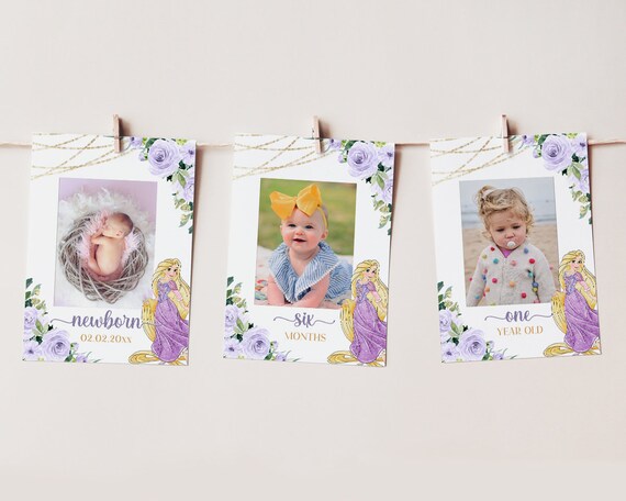 Rapunzel First Birthday Photo Banner, Printable Royal Birthday Monthly Milestone Photo Cards ...