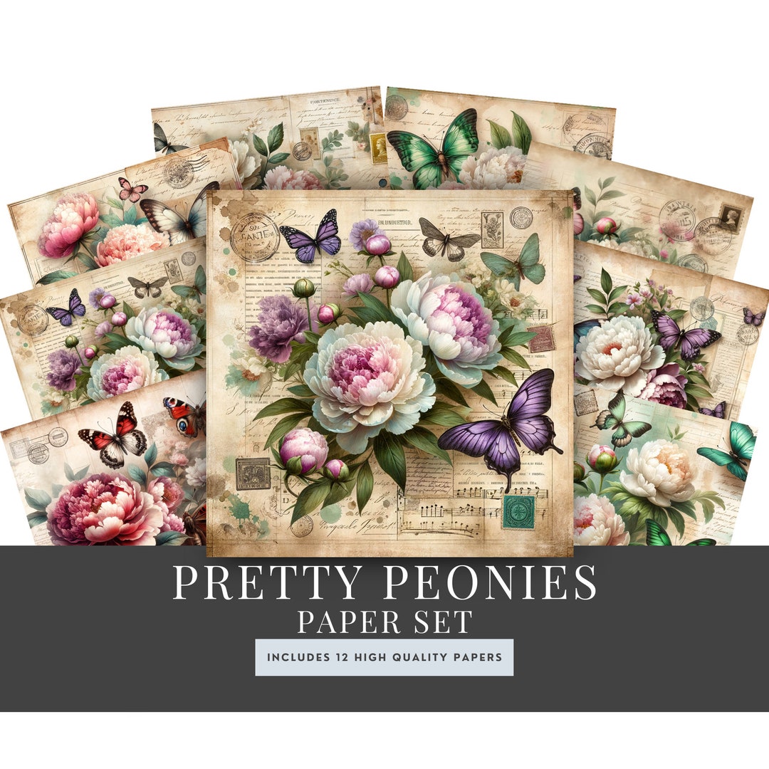Vintage Floral Digital Paper Pack, Pretty Peonies With Butterflies ...