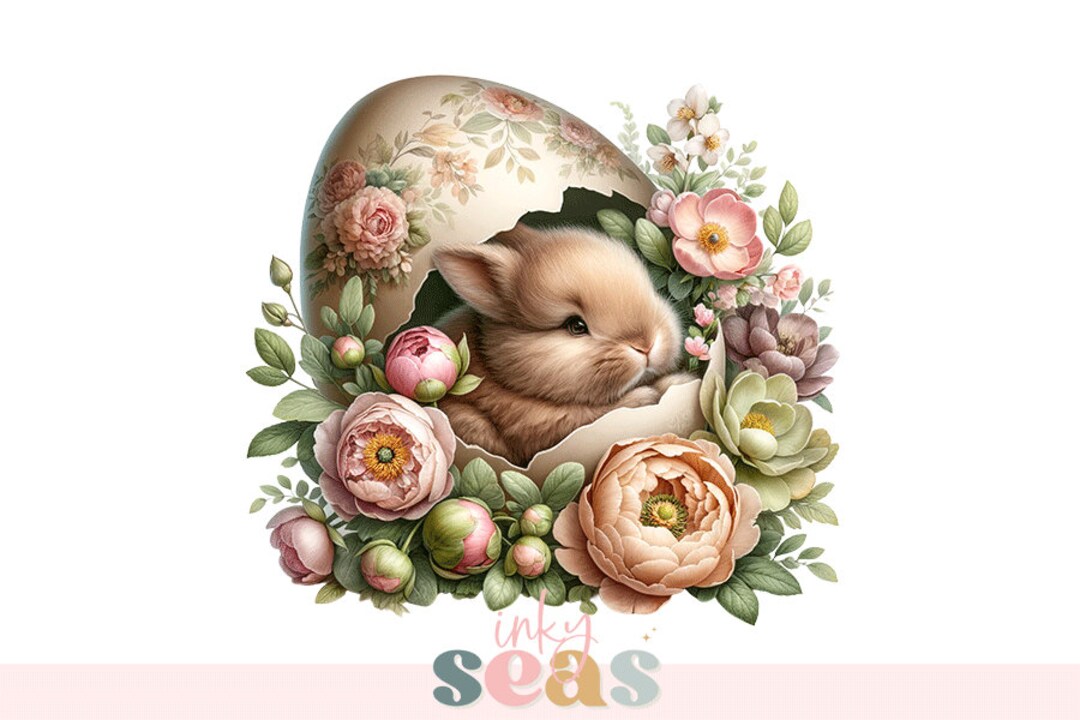 Vintage Easter Bunny Clipart, Floral Rabbit Digital Download, Pastel ...