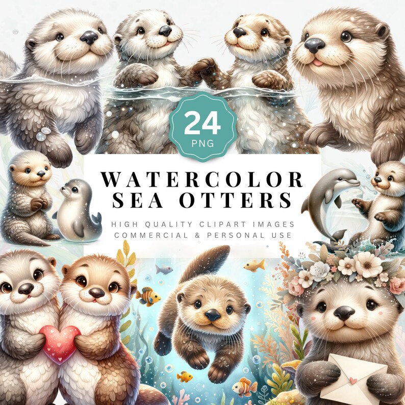 Sea Otters Clipart Bundle Digital PNG Images Instant Download Cute ...