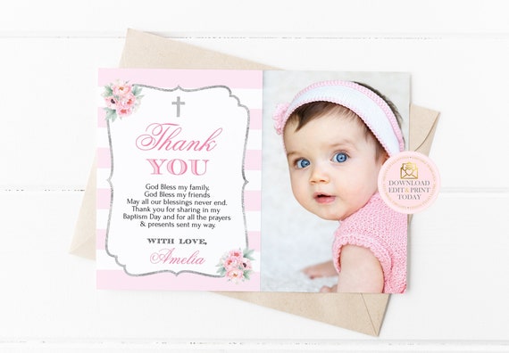 Pink & Silver INSTANT DOWNLOAD Baptism Thank You, Thank You Card ...