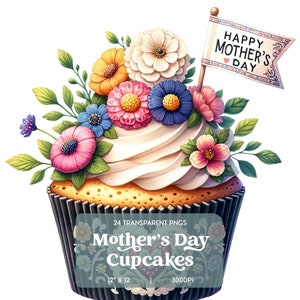 Mother's Day Cupcake Clipart Bundle, 24 Digital PNG, Floral Cupcake ...