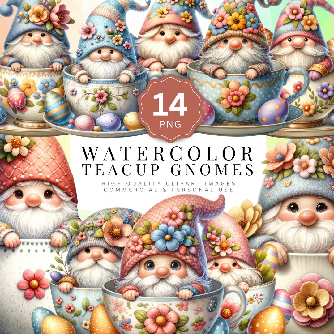 Watercolor Teacup Gnomes Clipart, Cute Gnome Digital Images, Easter ...