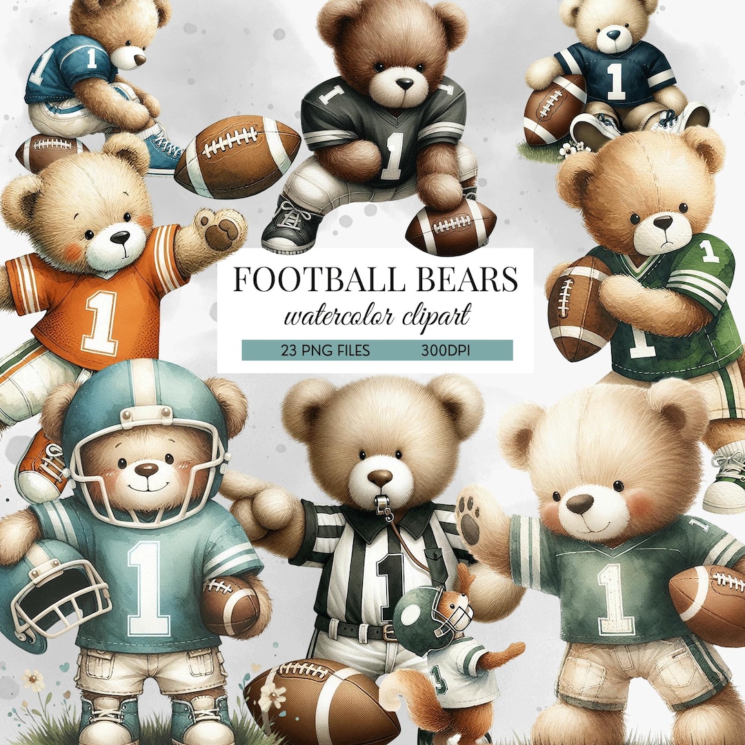 Watercolor Football Bear Clipart Bundle: Sports Teddy Bear PNG Graphics ...