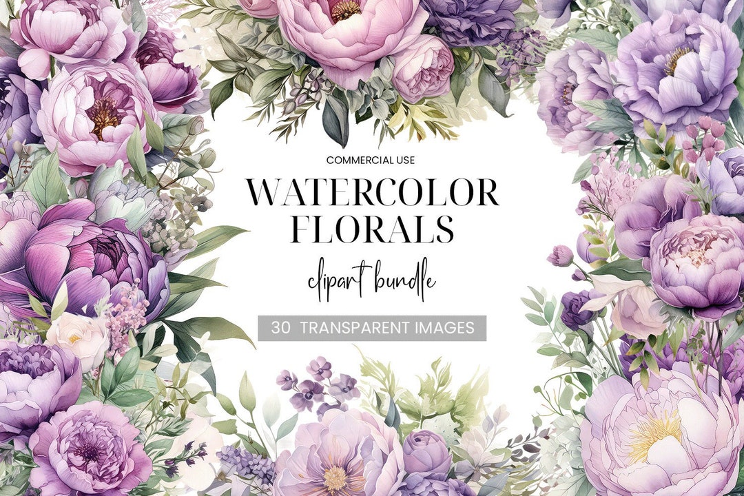 Purple and Pink Floral Clipart, 30 Assorted Watercolor Bouquets ...