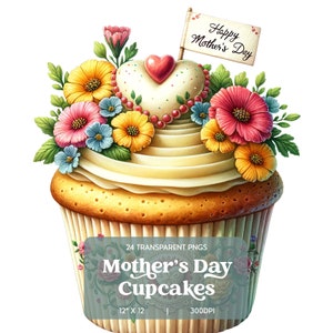 Mother's Day Cupcake Clipart Bundle, 24 Digital PNG, Floral Cupcake ...