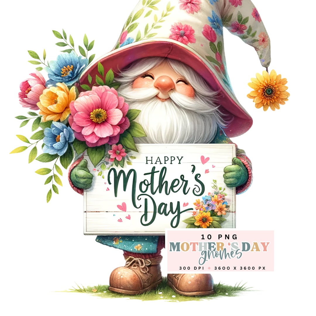 Mother's Day Gnome Clipart, Floral Gnome Design, Digital PNG Download ...