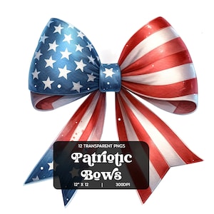 12 Patriotic Bow Clipart Pngs, Watercolor American Flag Bows, Digital ...