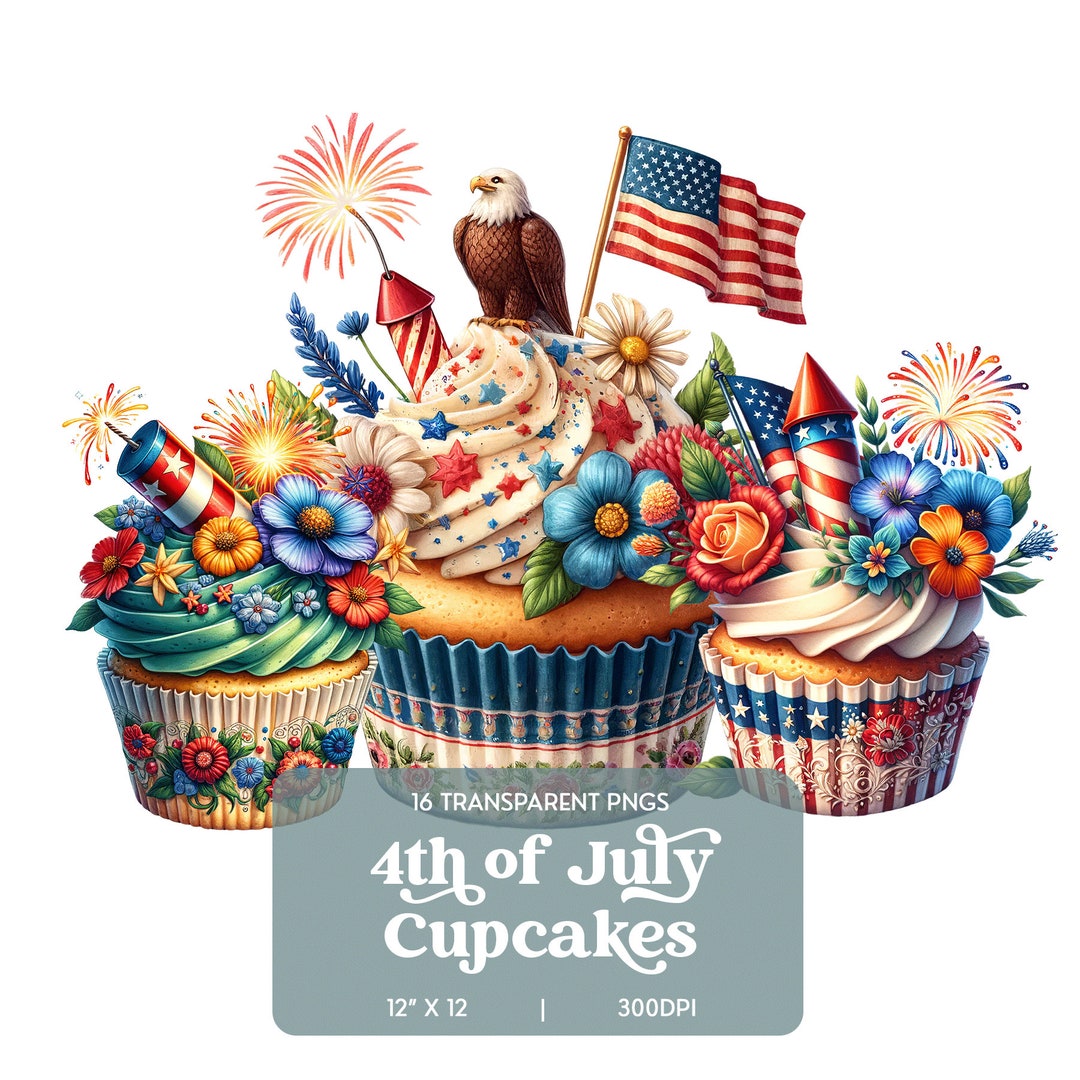 4th of July Cupcakes Clipart Bundle, 16 Patriotic Cake Printable Images ...