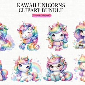 Kawaii Watercolor Unicorn Clipart, Cute Pastel Digital Images, Fantasy ...