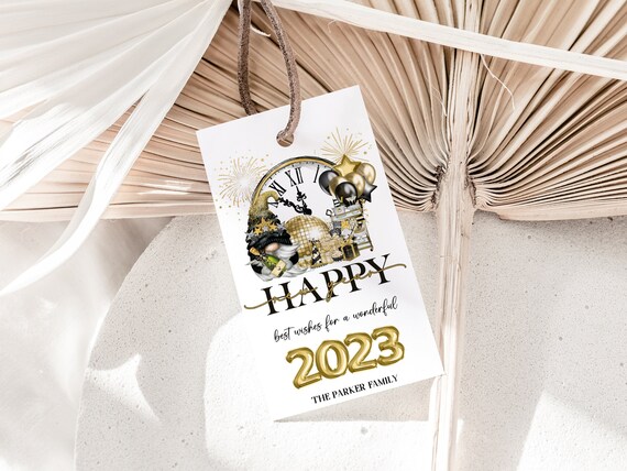 Black & Gold Happy New Year Gift Tag, Cute NYE Gnome 2023 Tag, HNY Gift ...