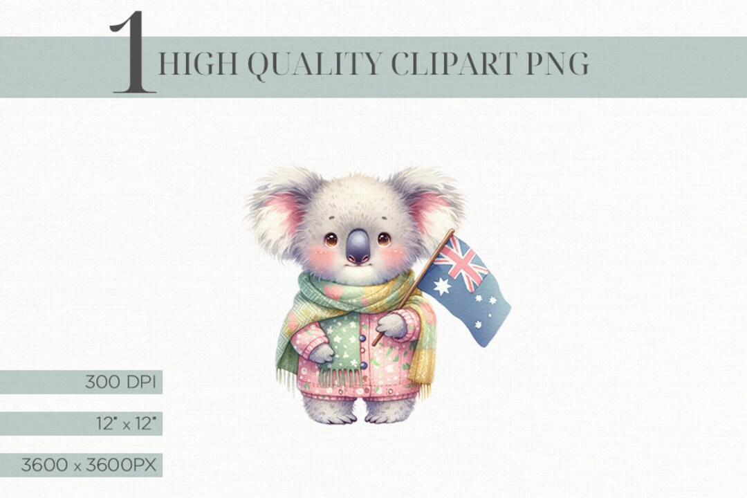 Australian Koala Clipart, Cute Koala With Flag Illustration, Digital ...