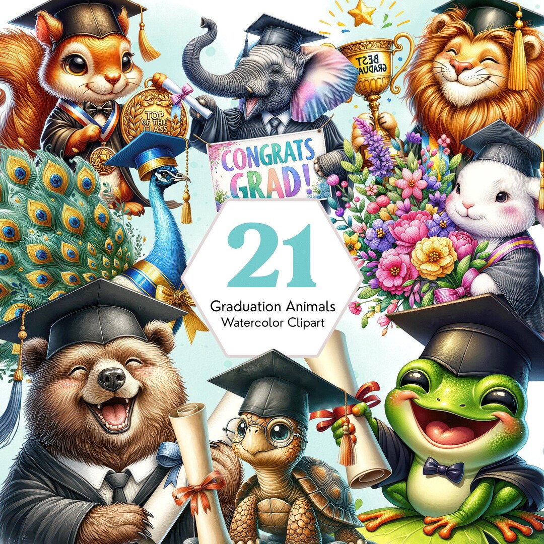 Graduation Animal Clipart | Watercolor Grad Animals PNG | Cute Diploma ...