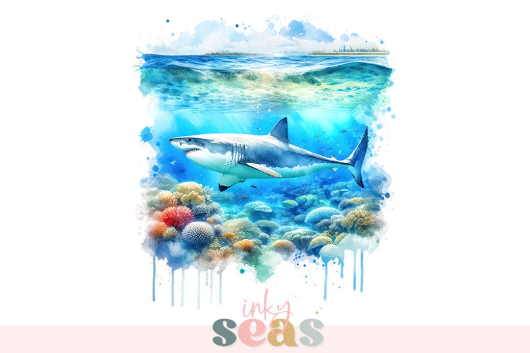 Great White Shark Watercolor Art, Instant Download, Ocean Home Decor ...