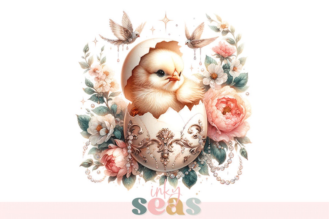Spring Chicken PNG, Watercolor Floral Baby Chick Clipart, Easter ...