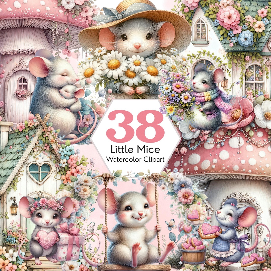 Whimsical Little Mice Watercolor Clipart | Cute Cottagecore Mouse PNG ...