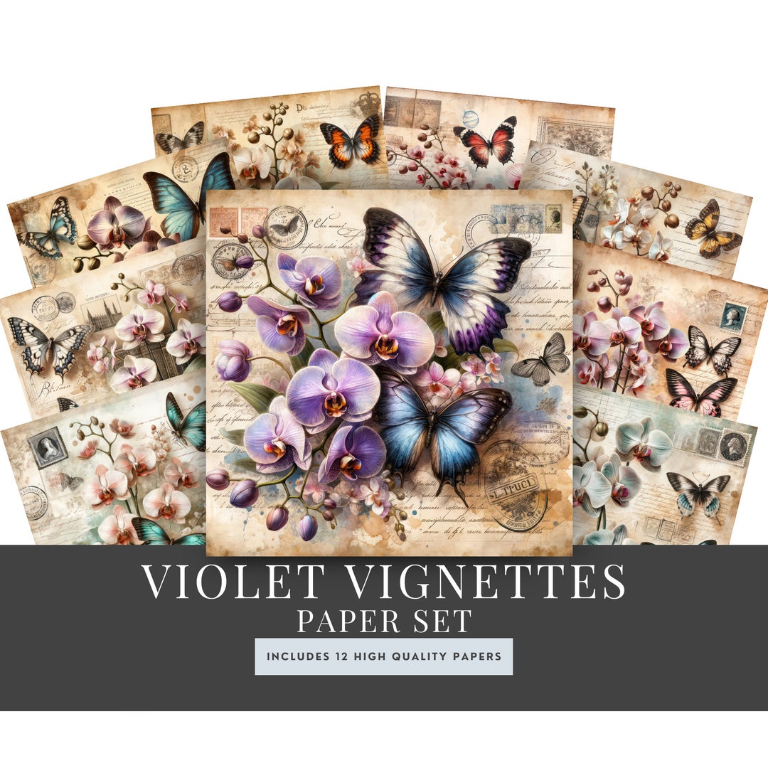 Vintage Butterfly Digital Paper Set, Violet Vignettes, Printable ...