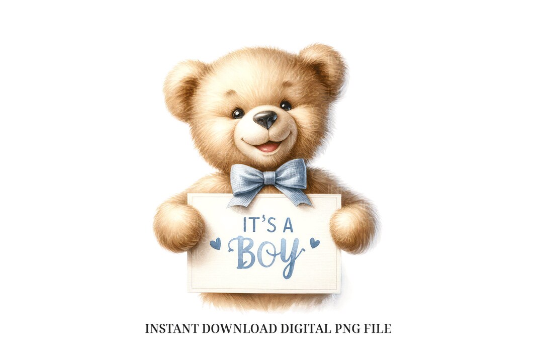 It's a Boy Teddy Clipart, Watercolor Animal With Sign, Baby Shower ...