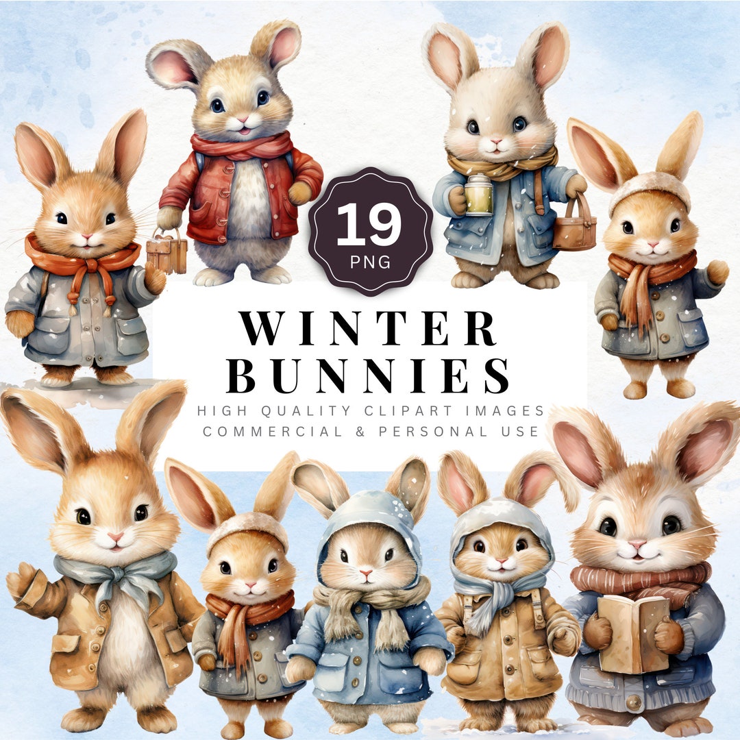 Winter Bunny Clipart, Watercolor Bunny Clipart, Woodland Animals ...
