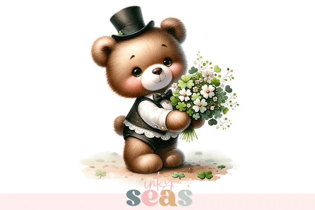 Charming Dapper Teddy Bear Clipart, Gentleman Bear With Flowers, Cute ...