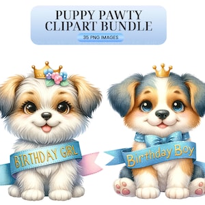 Puppy Party Clipart: Watercolor Dog Birthday Images (digital Download ...