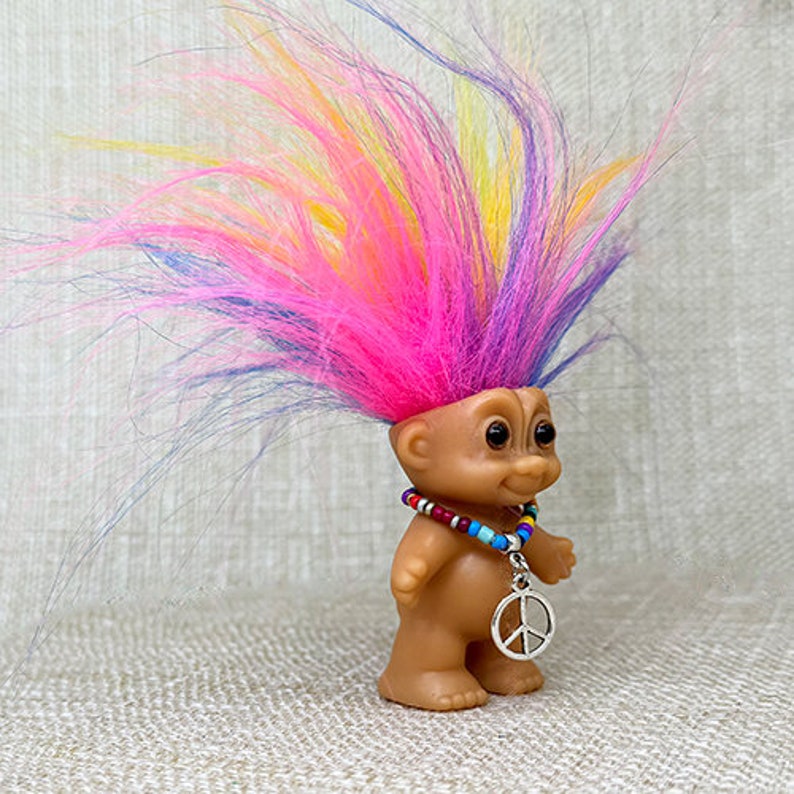 Hippy Troll Doll: Rainbow Hair, Peace Sign Necklace, OOAK Art - Etsy