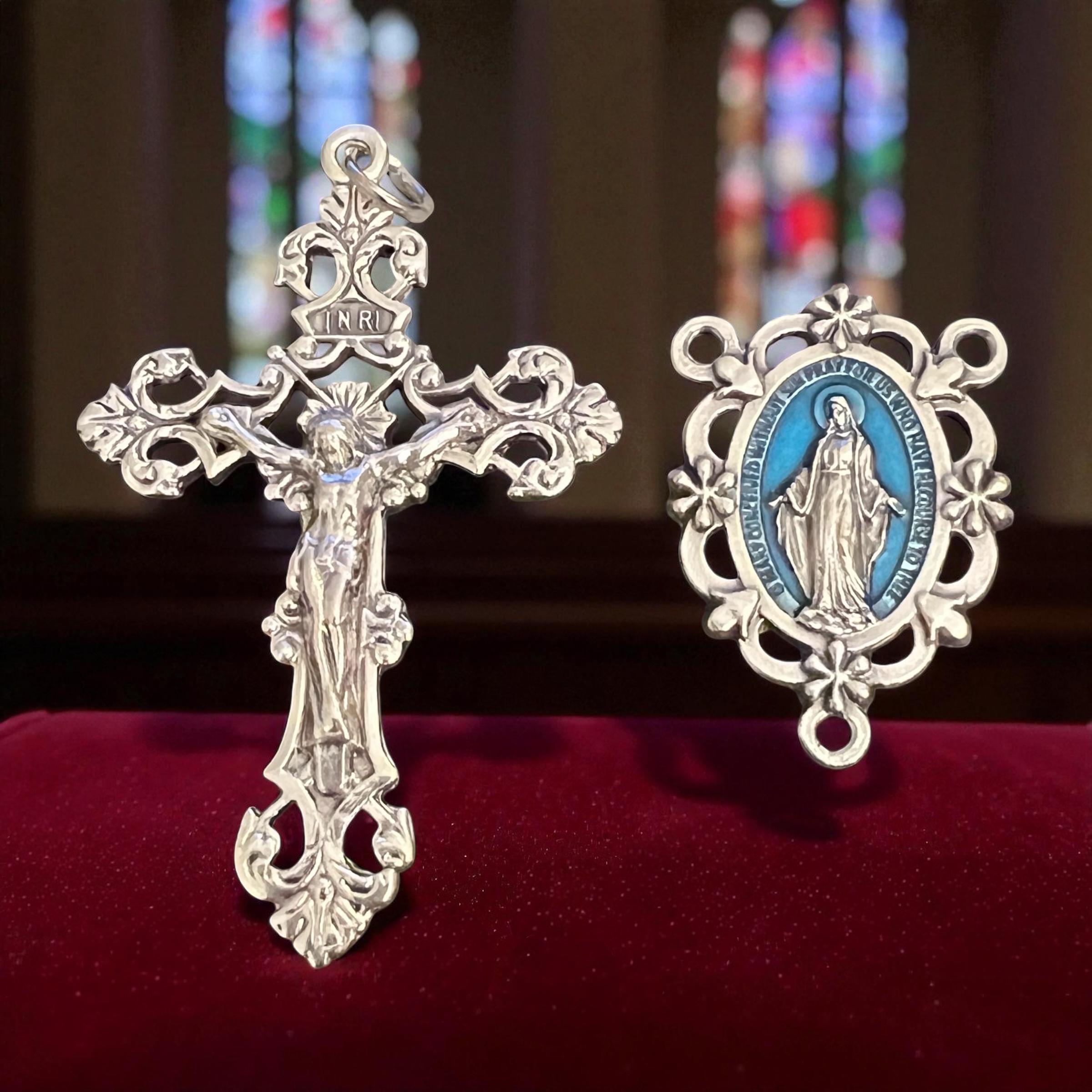 Rosary Medal Set: Fleur-di-lis Crucifix and Blue Enamel Miraculous ...