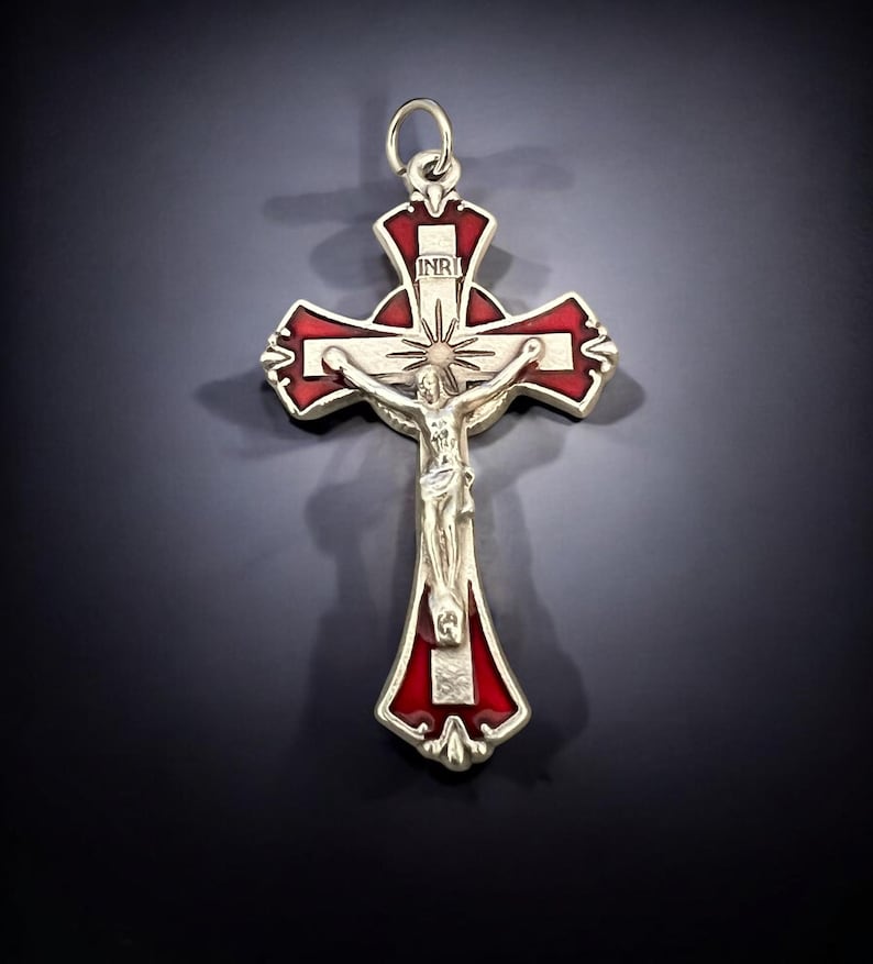 Red Enamel Italian Rosary Crucifix: Scrolled Silver Finish - Etsy