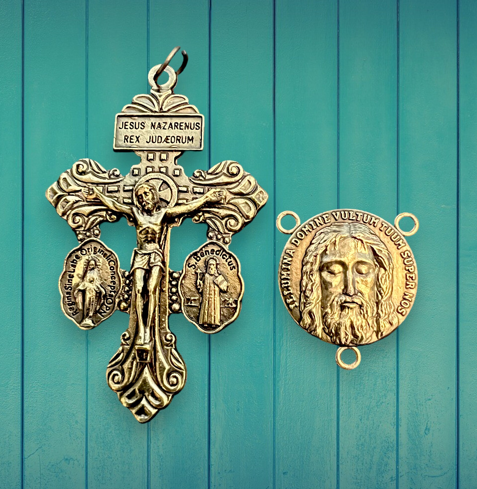 Bronze Holy Face Rosary Centerpiece & 3-way Pardon Crucifix Set - Made ...