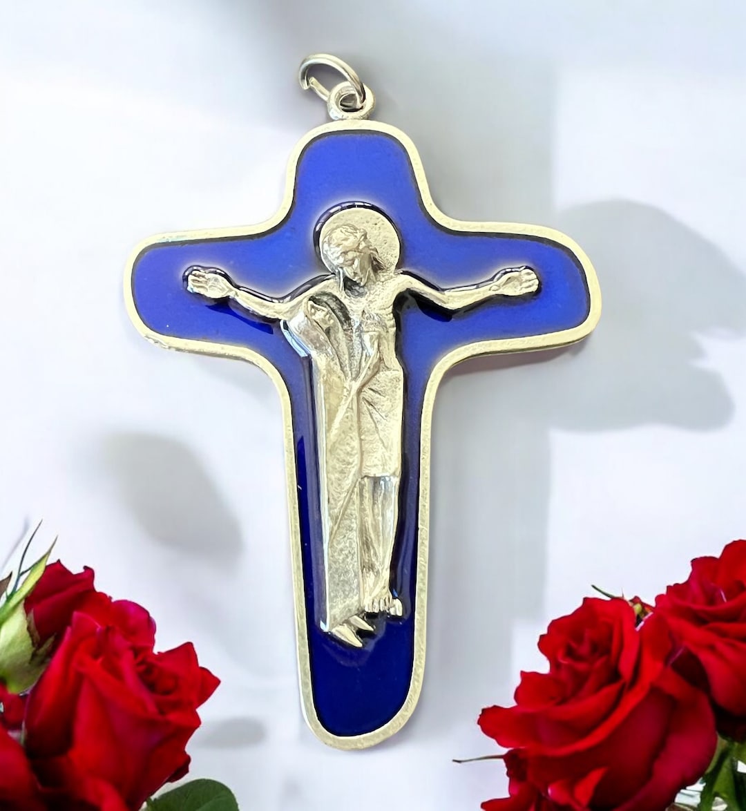 Beautiful Blue Enamel Comfort Crucifix, Virgin Mary Comforting Christ ...