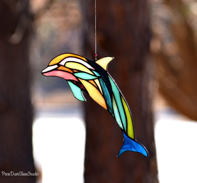 Stained Glass Dolphin Suncatcher Abstract Dolphin Window - Etsy