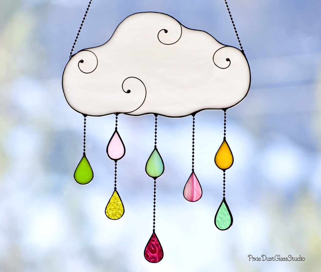 Stained Glass Rain Cloud Suncatcher With Pastel Colored Raindrops ...
