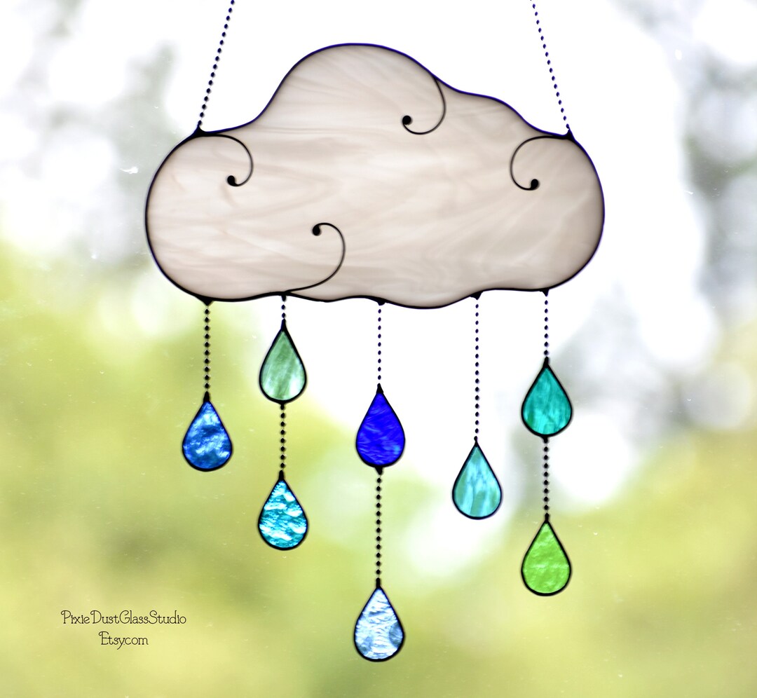Stained Glass Rain Cloud Suncatcher With Blue & Green Colored Raindrops ...