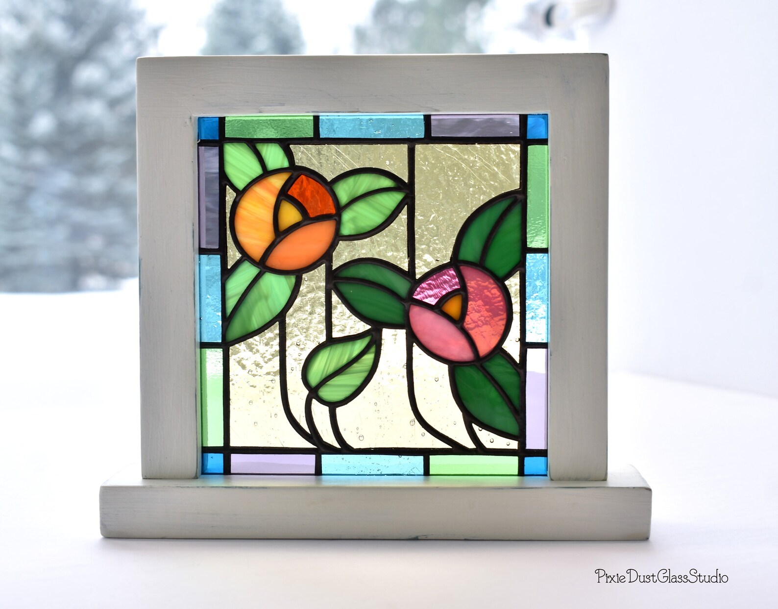 Mini Stained Glass Panel Mackintosh Rose Windowsill Sitter - Etsy