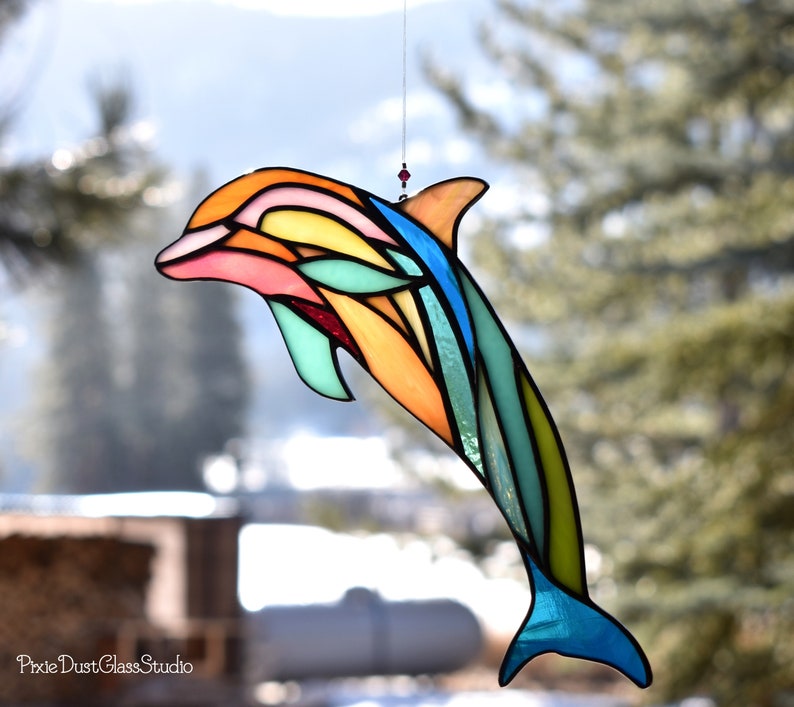 Stained Glass Dolphin Suncatcher Abstract Dolphin Window - Etsy