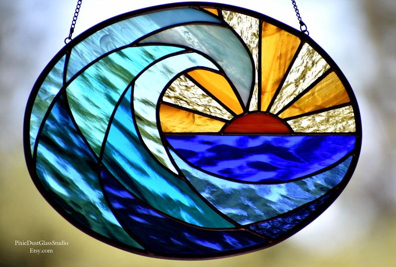 Stained Glass Suncatcher Ocean Wave At Dawn Oval Shaped Etsy