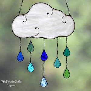 Stained Glass Rain Cloud Suncatcher With Blue & Green Colored Raindrops ...