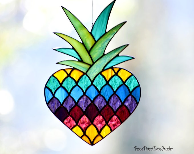 Stained Glass Pineapple Heart Suncatcher, Tropical Fruit, Coastal Decor ...