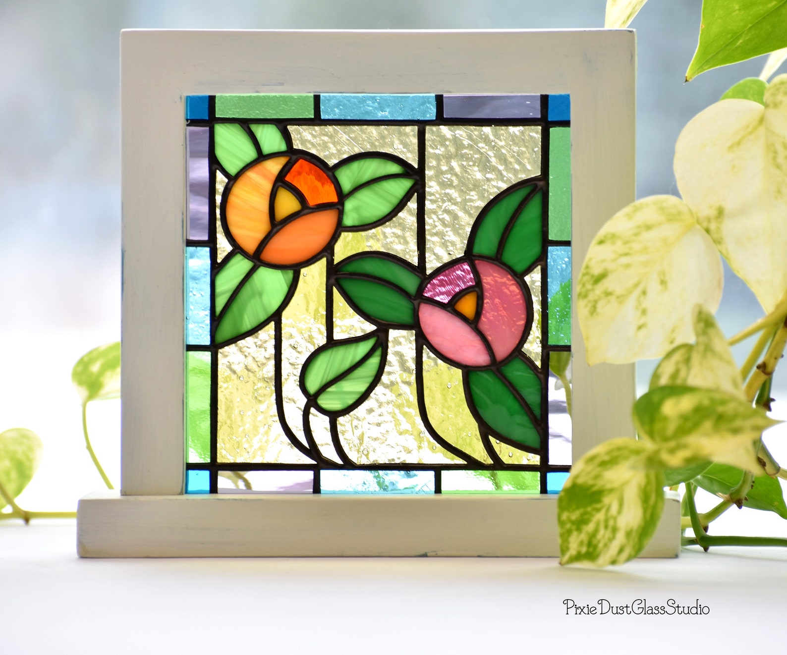 Mini Stained Glass Panel Mackintosh Rose Windowsill Sitter - Etsy