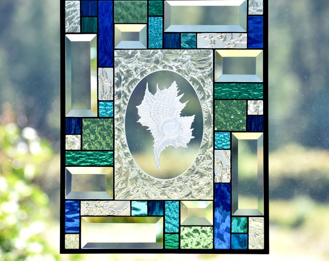 Stained Glass Seashell Panel, Ocean Blues, Seafoam and Teals, Geometric ...
