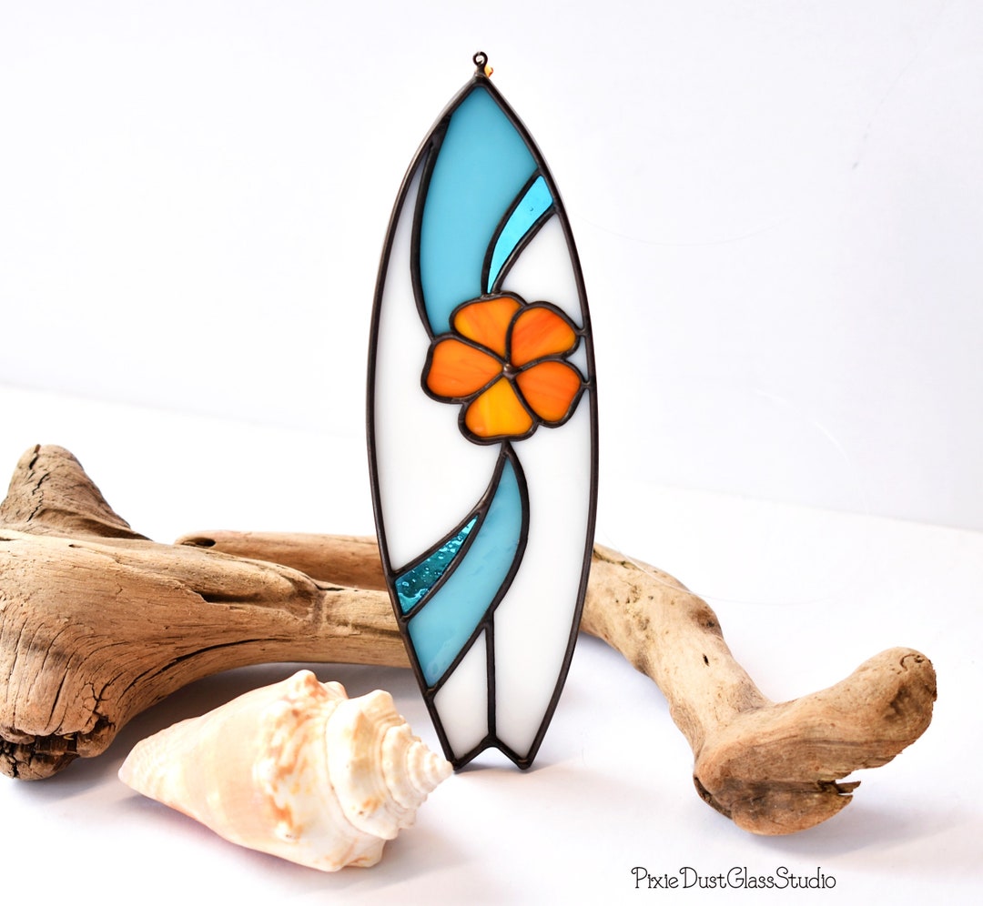 Stained Glass Surfboard Suncatcher, Tropical Flower Accent - Etsy