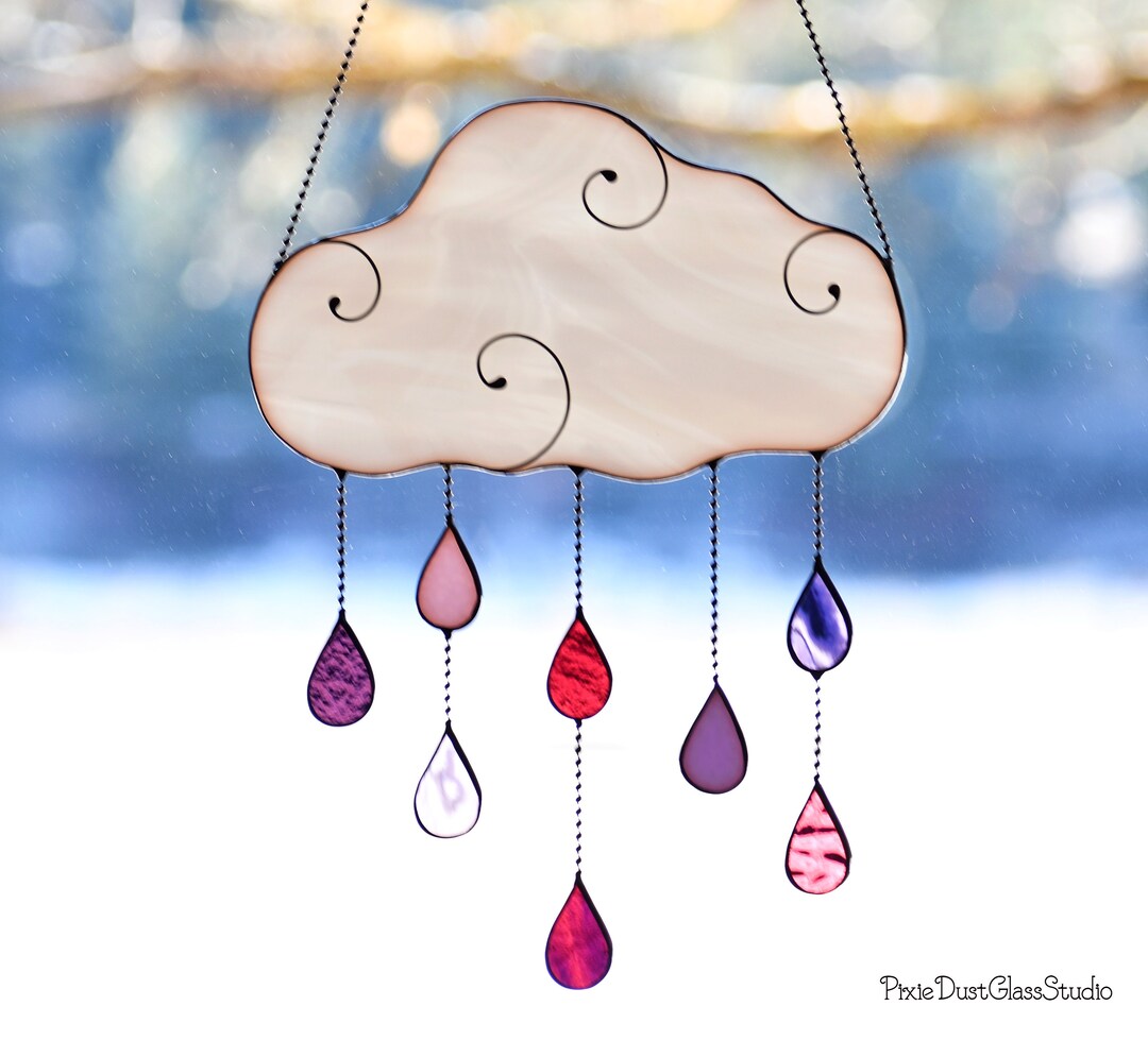 Stained Glass Rain Cloud Suncatcher With Pink and Purple Colored ...
