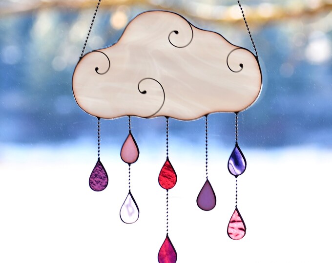 Stained Glass Rain Cloud Suncatcher With Pink and Purple Colored ...