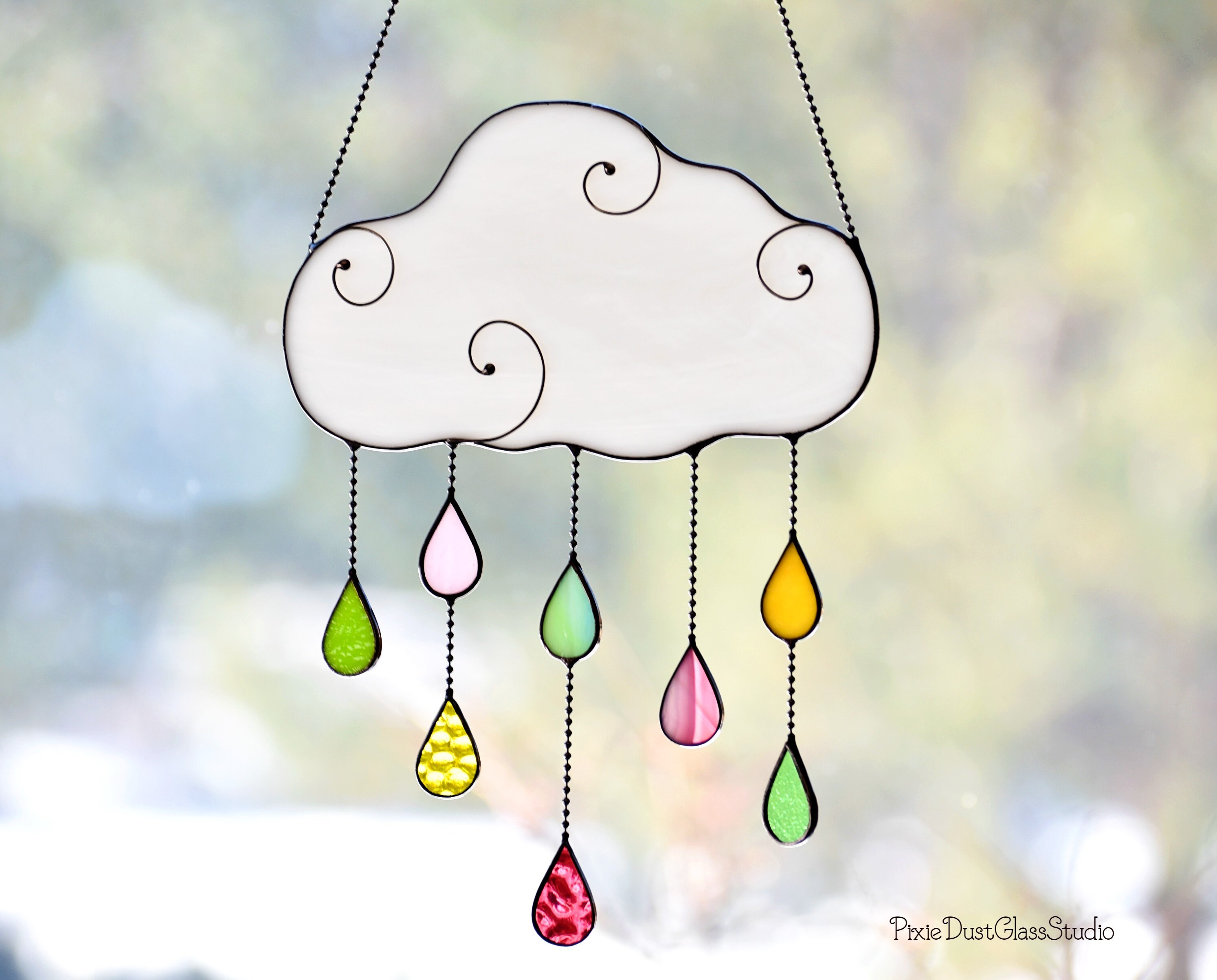 Stained Glass Rain Cloud Suncatcher With Pastel Colored Raindrops ...