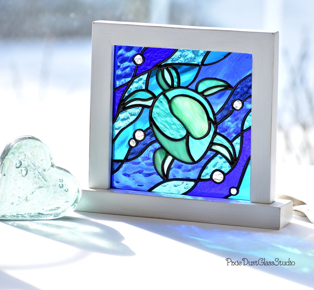 Stained Glass Sea Turtle Mini Panel, Freestanding Windowsill Sitter ...