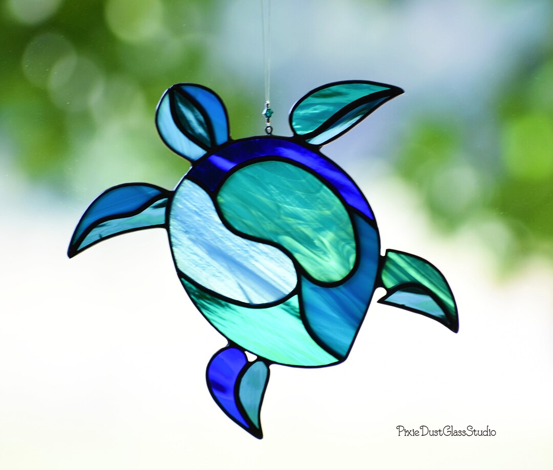 Stained Glass Sea Turtle Suncatcher, Tropical Coastal Decor - Etsy