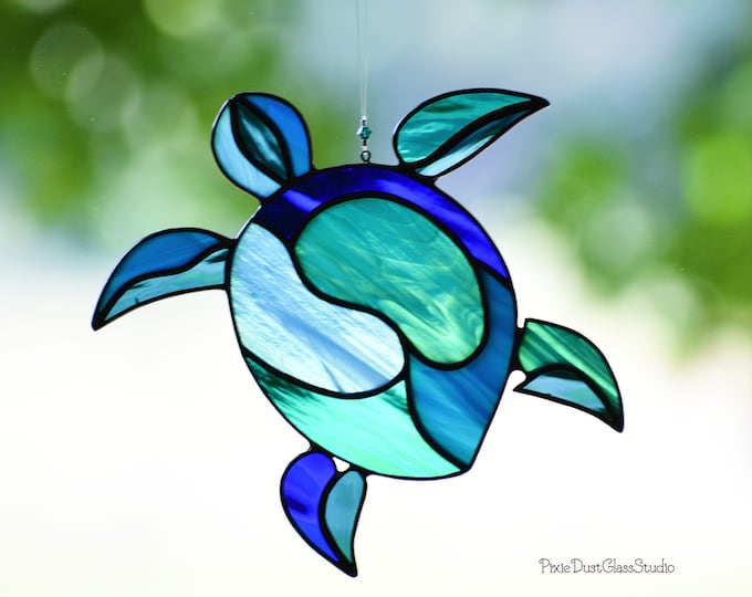 Stained Glass Sea Turtle Suncatcher, Tropical Coastal Decor - Etsy
