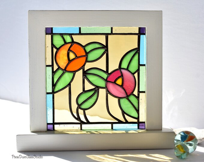 Mini Stained Glass Panel, Mackintosh Rose, Windowsill Sitter ...