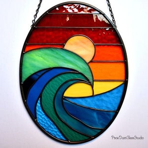 Stained Glass Ocean Wave at Sunset, Coastal Decor, Window Hanging, Surf ...