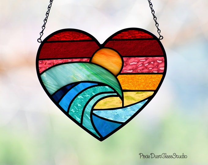 Stained Glass Beach Lover Heart Suncatcher, Coastal Decor, Window ...